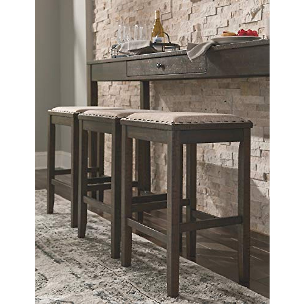 Signature Design by Ashley Rokane Urban Farmhouse Counter Height Dining Room Table Set with 3 Bar Stools, Brown