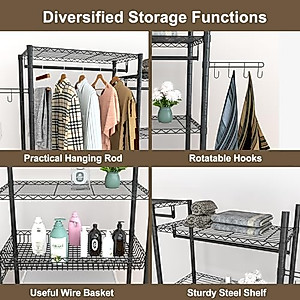 5-Tier Laundry Room Storage Shelf, Space-Saving Metal Clothes Drying Rack with Adjustable Shelves, Bathroom Towel Rack, Wire Basket, and Rotatable Hooks -Ideal for Over Washer and Dryer Organization