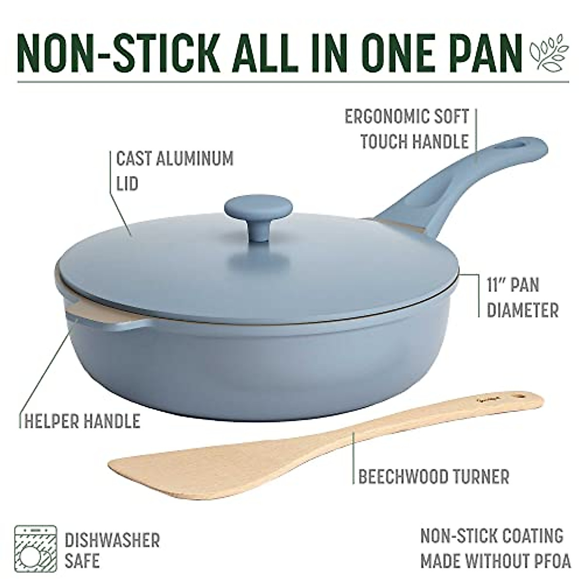 Goodful All-in-One Pan, Multilayer Nonstick, High-Performance Cast Construction, Multipurpose Design Replaces Multiple Pots and Pans, Dishwasher Safe Cookware, 11-Inch, 4.4-Quart Capacity, Blue Mist