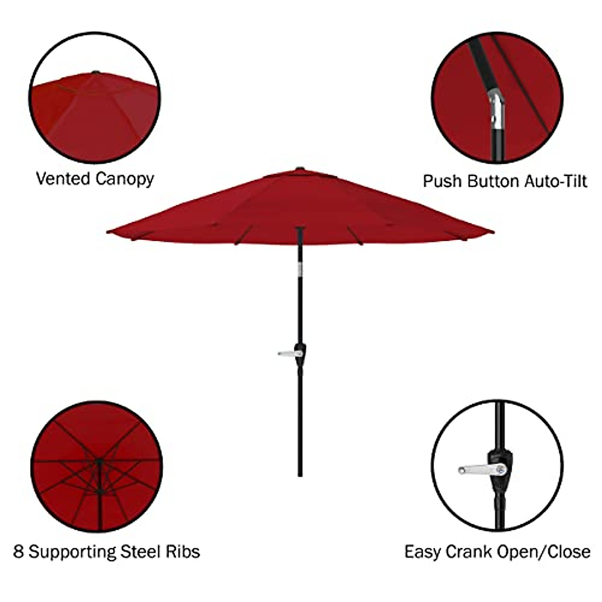 Pure Garden 50-100-RB Patio Umbrella with Auto Tilt – 10 Ft Easy Crank Sun Shade with 19lb Weighted Base for Deck, Porch, Outdoor Furniture, or Pool (Red)
