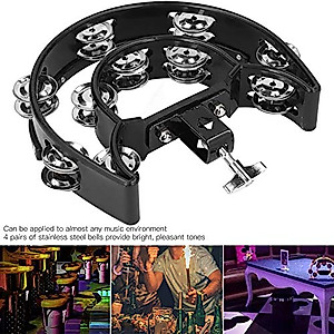 Hand Held Double Row Tambourine, Metal Jingles Half Moon Hi Hat Tambourine with Mounting Bracket for Drummers Guitarists
