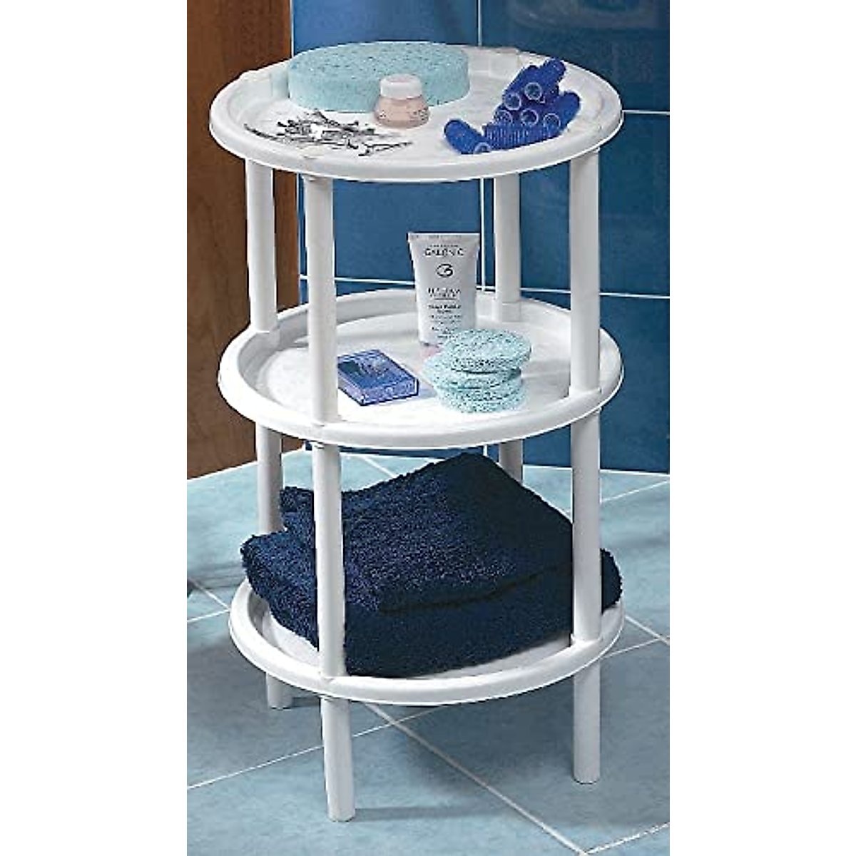 3 Tier Shelf, End, Bed or Display Table, Self-Standing Shelving for Bathroom Toiletries, Storage and Organization. 13 ¾” diameter, 24” height, 9 ¼” space between shelves. Load 10 lbs. per tier (White)