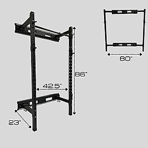 HulkFit Pro Series Wall Mounted Folding Power Rack Cage with J Hooks and Height Adjustable Pull Up Bar - Black