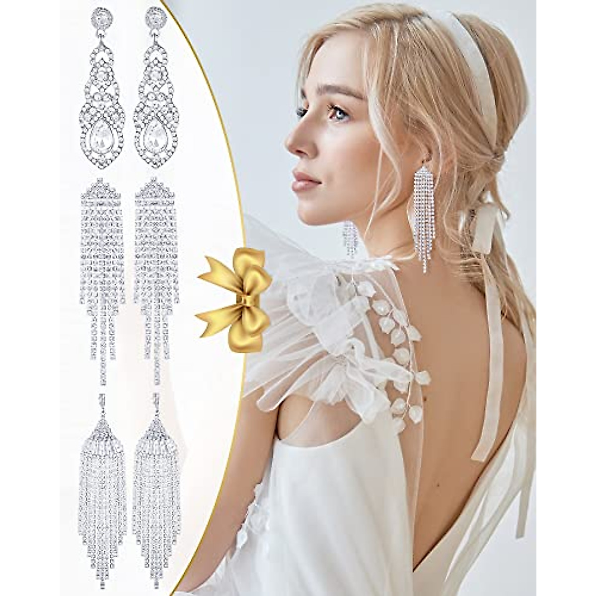6 Pairs Rhinestone Earrings Chandelier Earrings Women Dangling Crystal Fringe Long Tassel Earrings for Bride Girls Jewelry for Wedding Dinner Party Gift (Stylish Style)