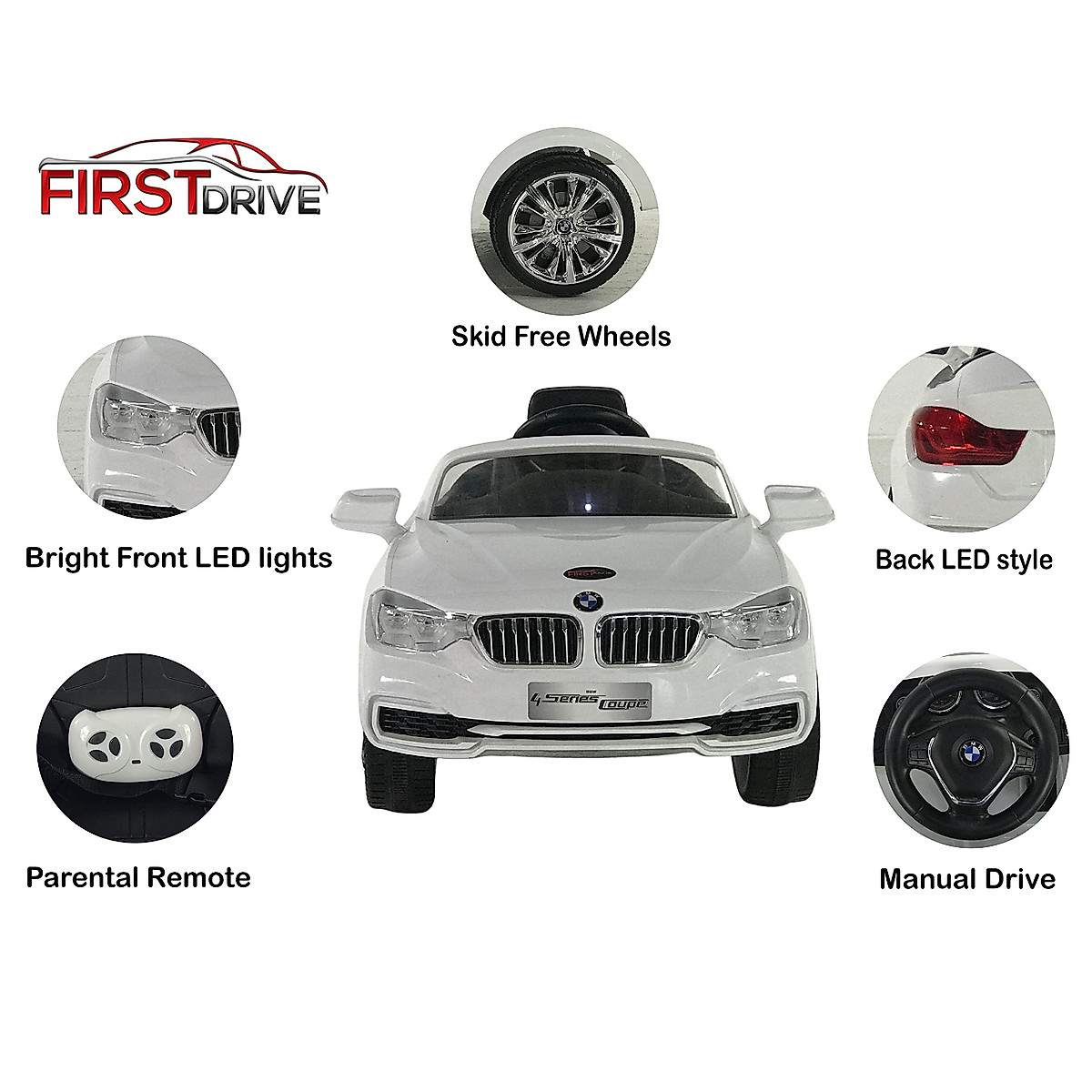 BMW 4-Series - First Drive - 12v Kids Cars - Dual Motor Electric Power Ride On Car with Remote, MP3, Aux Cord, Led Headlights, and Premium Wheels(White)