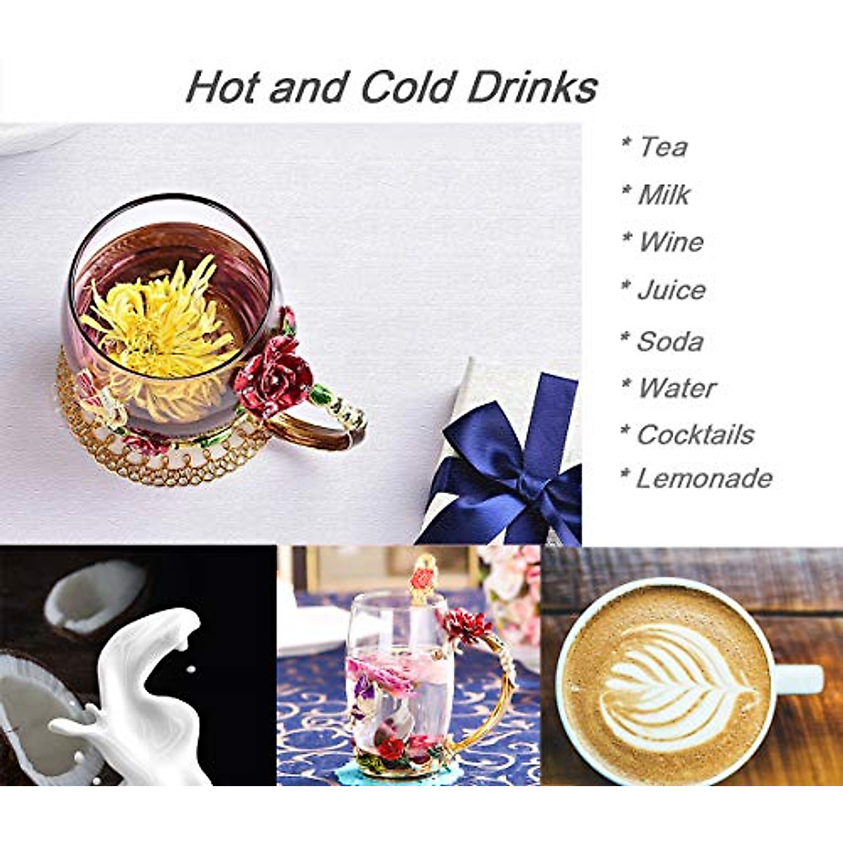 Flower Tea Cups, Unique Coffee Mugs, Butterfly Glass Mug with Spoon Set, Handmade Rose Butterflies Gifts - Best Valentine's Day Mother's Day Gift (13oz, Red)