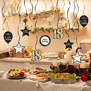 Nelbiirth Happy 18th Birthday Black & Gold Glitter Swirls Streamers Party Decorations - 15 Pcs 18th Birthday Hanging Swirls Streamers Kit,Cheers to Eighteen Years Old Bday Party Sign.
