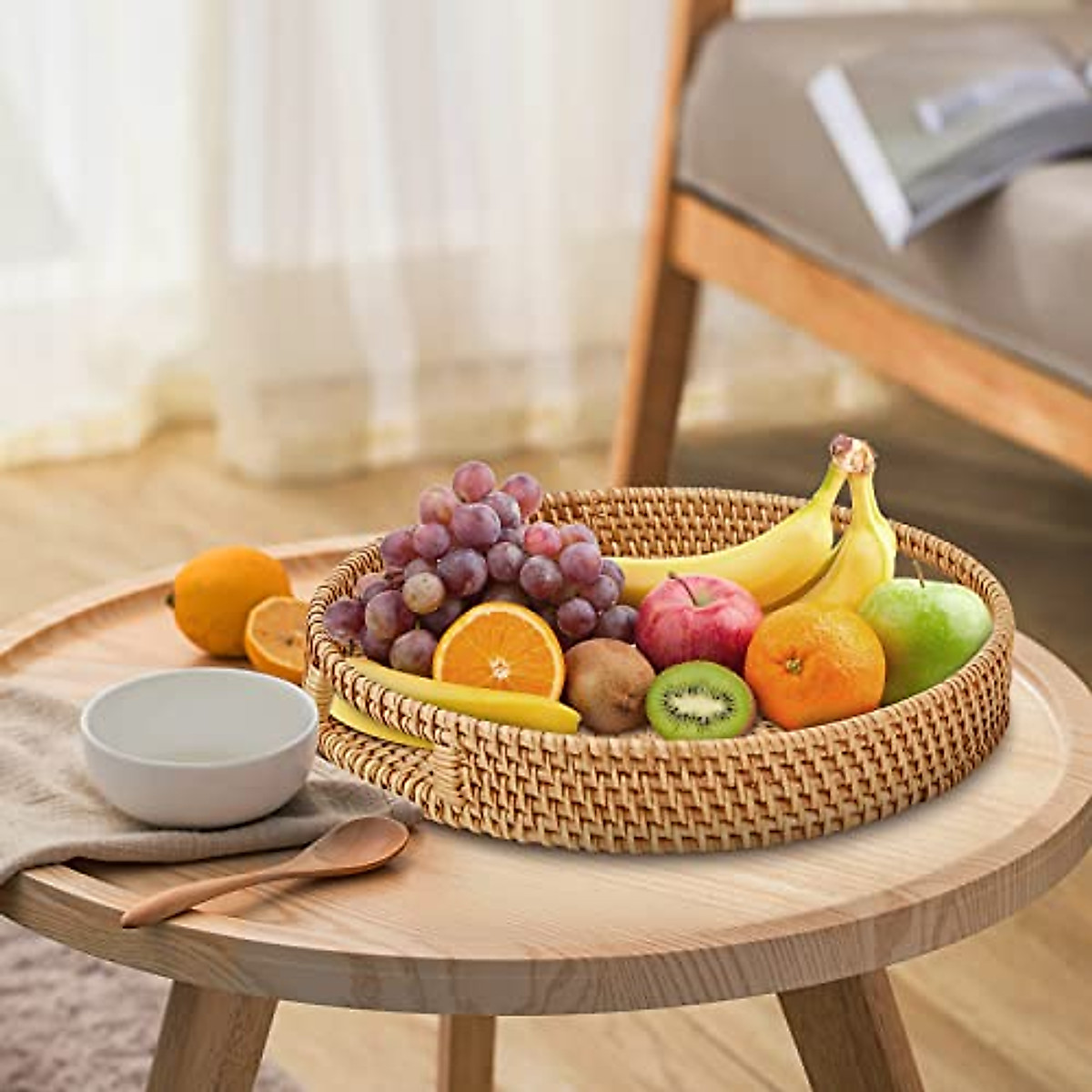 Whalehub Rattan Round Serving Tray with Handles, Hand Woven Basket, Home Decor Organizer Tray for Breakfast, Tea, Snack, Fruit, Coffee Storage (Large)