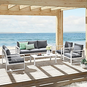 Patiorama Aluminum Patio Furniture Set, 5 PCS Modern Patio Conversation Set, All Weather White Outdoor Sectional Sofa Set w/Coffee Table, Patio Seating Set, Olefin Cushion, Garden-Grey Cushion