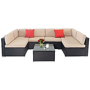 SUNCROWN 7-Piece Outdoor Sectional Sofa Couch - PE Rattan Wicker Modular Patio Furniture Conversation Set with Glass Coffee Table and Furniture Cover - Beige