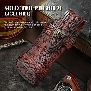 Omesio Pocket Knife Sheath Big (L), 5.28" (for <13.41cm Knife) Leather Knife Sheaths for Belt, Horizontal Knife Sheath for Belt Sideways, Brown Leather Sheath for Folding Knife