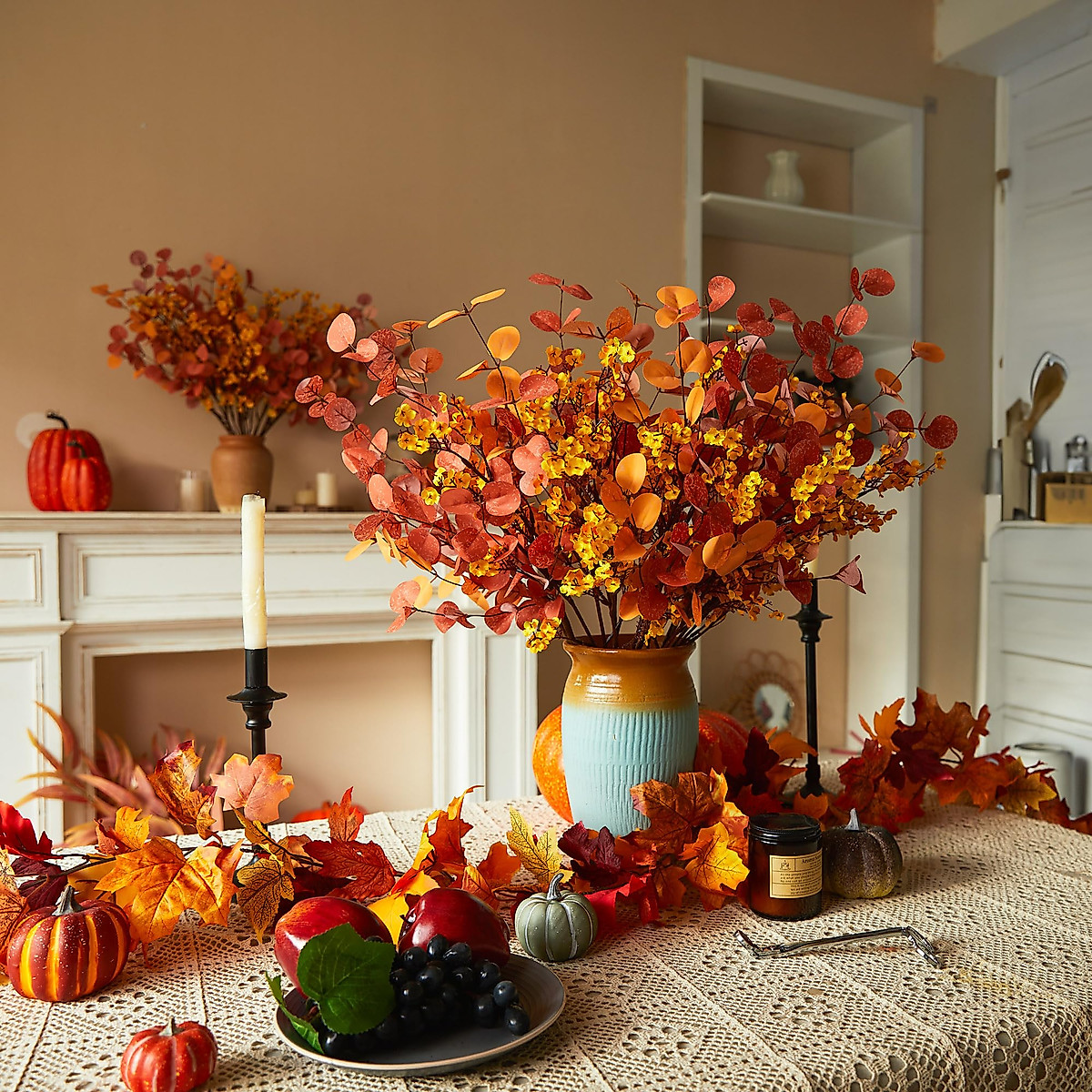 Anna's Whimsy 8 Pcs Artificial Eucalyptus Stems and Fake Babys Breath Flower Fall Decorations Fall Leaves for Fall Home Decor