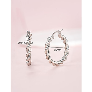 Limerencia hypoallergenic Pure Titanium Twisted Rope Round Hoop Earrings for women (24mm Twisted Rope Hoop, Silver)
