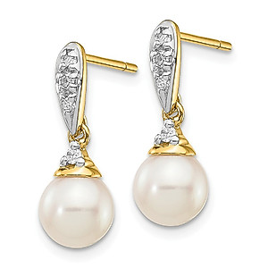 Solid 14k Yellow Gold Diamond and 6-7mm Round FW Cultured Pearl Post Dangle Earrings