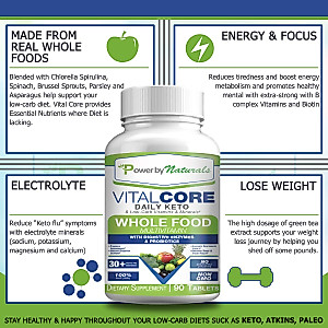 Power By Naturals Vital Core Daily Keto Whole Food Multivitamin for Women & Men | Supports Energy, Tiredness, & Keto Sickness, Digestive Enzymes, Probiotics Whole Food Vitamins & Minerals | 90 Tablets