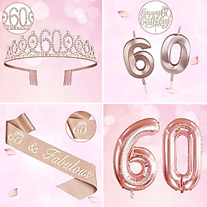 60th Birthday Decorations for Women, Include 60th Birthday Sash and Tiara, Cake Topper and Candles, Number Balloons, 60 Year Old Gifts Women