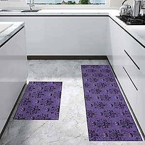 Kitchen Rugs and Mats Sets of 2 Halloween Non-Slip Rubber Backing Area Rugs Washable Runner Carpets for Floor, Kitchen Ghost Face Purple Pattern Pumpkin Spider 15.7x23.6+15.7x47.2inch