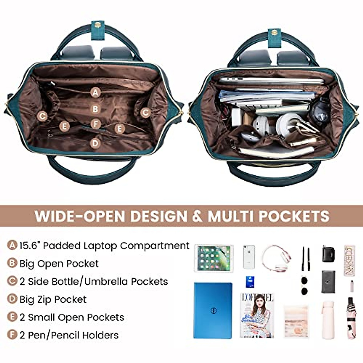 LOVEVOOK Leather Laptop Backpack for Women 15.6 inch,Travel Purse Nurse Teacher Backpack Computer Laptop Bag,Professional College Business Work Bag Carry On Backpack with USB Port,Dark Green