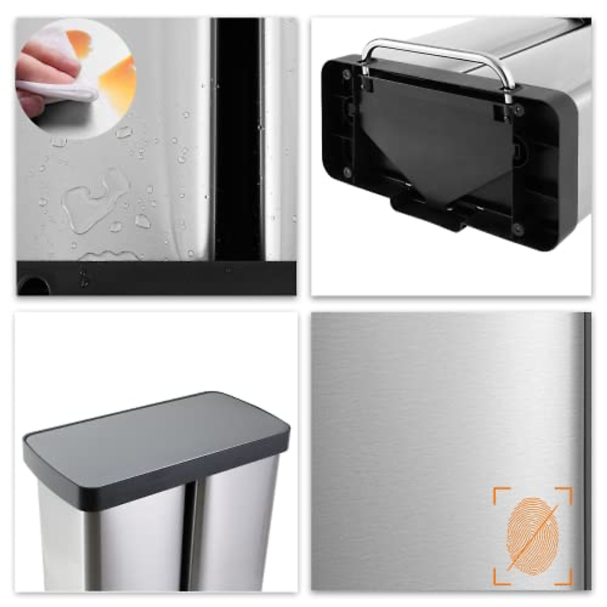 Arlopu 16 Gallon Dual Trash Can, 60L Stainless Steel Kitchen Garbage Can, Step-on Classified Recycle Garbage Bin with Removable Inner Buckets, for Kitchen, Living Room, Office, Silver (2x30L)