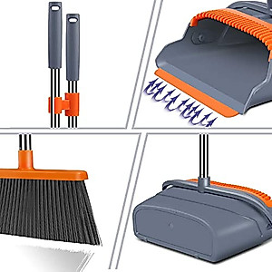 kelamayi Upgrade Broom and Dustpan Set, Self-Cleaning with Dustpan Teeth, Ideal for Dog Cat Pets Home Use, Super Long Handle Upright Stand Up Broom and Dustpan Set (Gray&Orange)