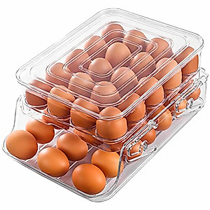HNNJCK Egg Holder for Refrigerator, Egg Storage Container for Refrigerator, Foldable Kitchen & Fridge Fresh Egg Organizer Bins, Automatic Rolling Clear Plastic Egg Tray with Lid, 2 Layer