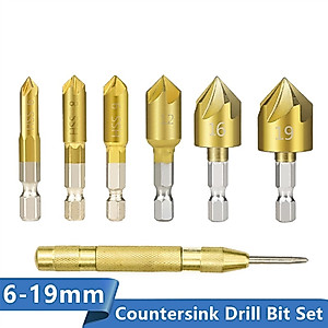 Hex Shank Countersink Drill Bit 6-19mm Set Titanium Coated 5 Flute Hole Drill 90 Degrees Wood Chamfering 6Pcs (Color : 6pcs with Punch)