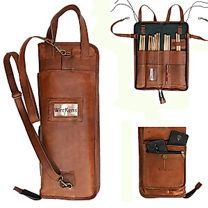 WerKens Leather Drumstick Bag Floor Tom Hooks Holds 10-12 Pairs Drum Sticks Mallets Brushes Percussion Drum Stick Bag Detachable Shoulder Strap Easy Carry Handles (Brown) – DSB003