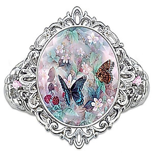 qiguch66 Wedding Rings for Women,Women Jewelry Accessory Elegant Decoration Oval Cut Enamel Flower Butterfly Ring for Party - US 7