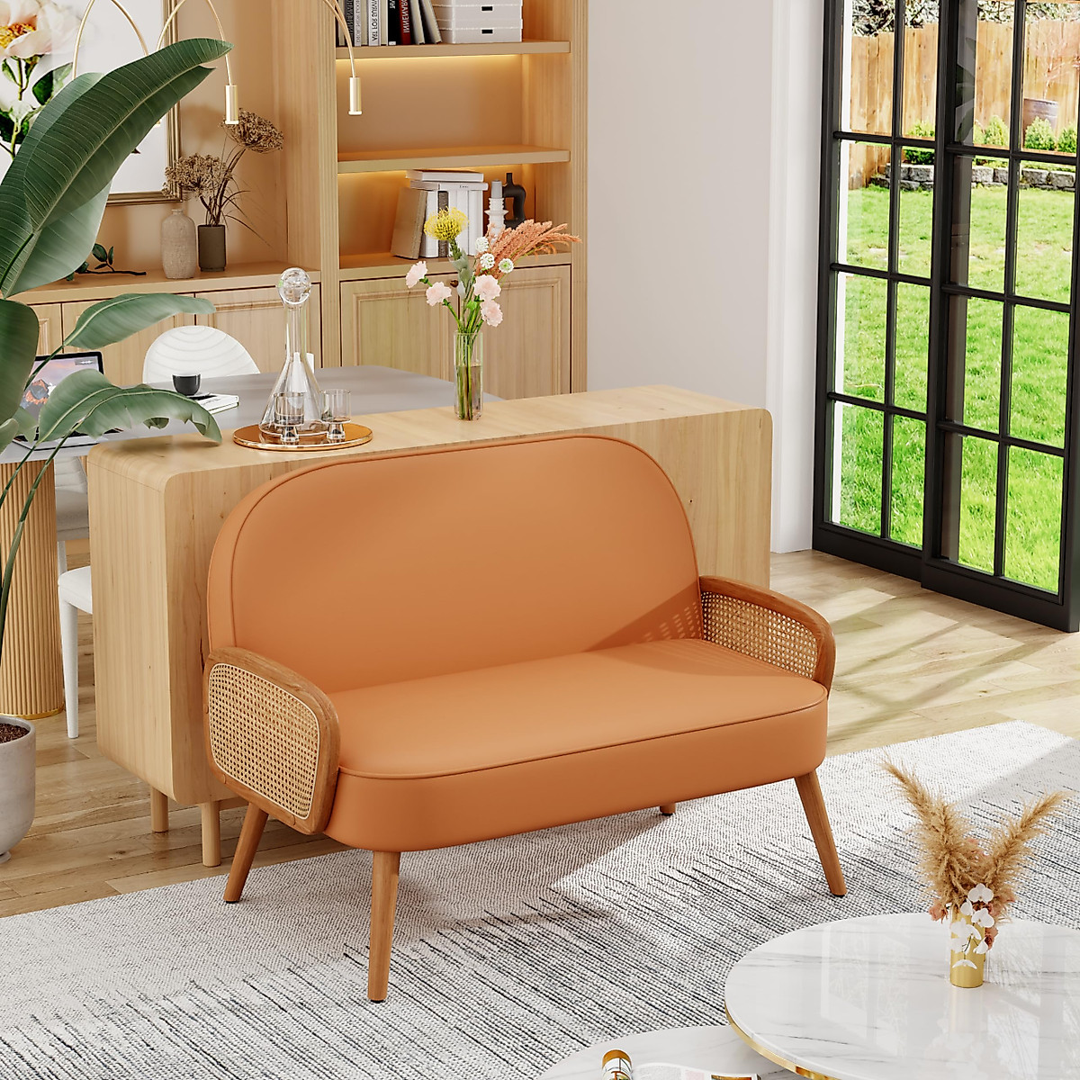 WENTMENT Loveseat Sofa Small Couch for Living Room, Faux Leather Mini Couch Love Seat with Natural Rattan Armrest and Solid Wooden Legs Small Sofa for Small Space, Bedroom, Apartment（Orange）
