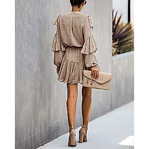 MITILLY Women's Elegant Long Sleeve Dresses V Neck High Waist Ruffle Loose Flowy Party Mini Dress with Belt Large Khaki