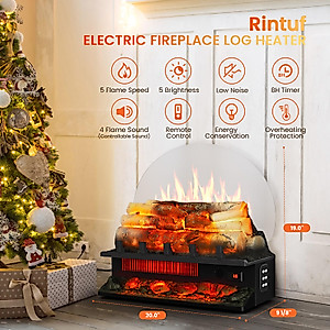 Rintuf Electric Fireplace Logs Set, 1500W Fireplace Insert Log Heater, Overheat Protection, Remote Control, Timer, 5 Flame Brightness/Speed & 4 Flame Sound, 20" Black Fireplace for Living Room Bedroom