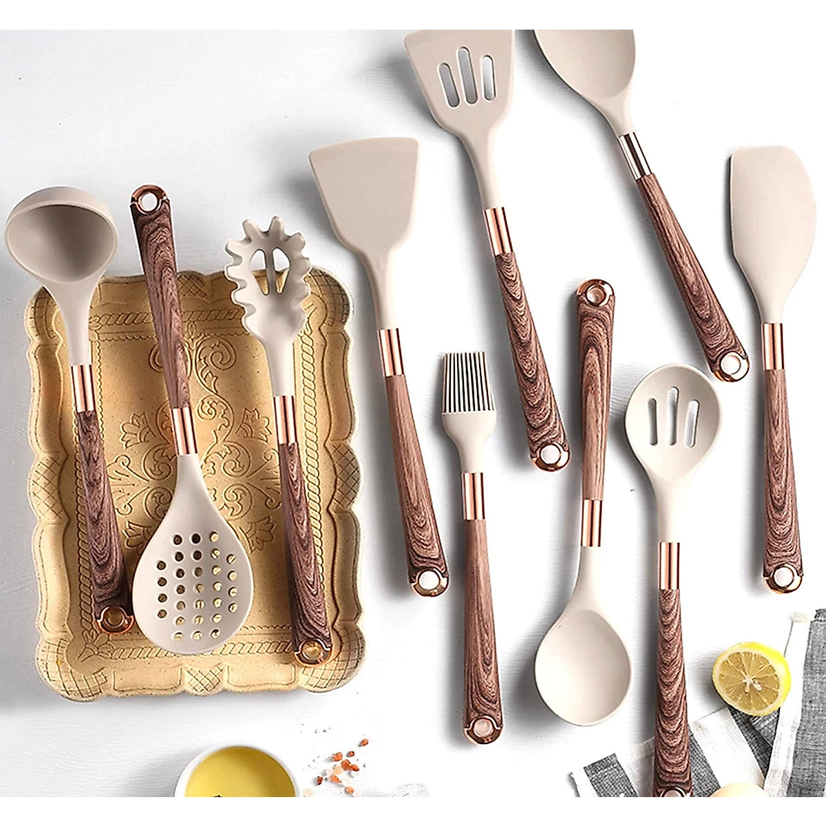 Chef Kitchen Cooking Utensils Set, Non-Stick Silicone Cooking Kitchen Utensil Set with Holder, Wooden Handle Silicone Kitchen Gadgets Utensil Set (OakWood)