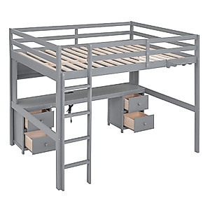 KTATK Full Size Loft Bed with Desk and Cabinets,Multifunctional Storage Solid Wood Bed Frame w/Drawers,Bedside Tray,Charging Station,Integrated Ladder,for Bedroom,Apartment,Grey