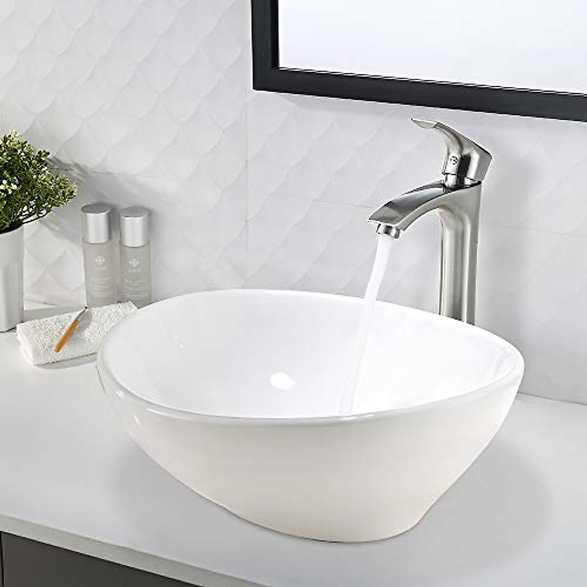 VOKIM Oval White Ceramic Vessel Sink and Faucet Combo -16" x 13" Modern Egg Shape Above Counter Bathroom Vanity Bowl,Brushed Nickel Faucet Matching Pop Up Drain Combo