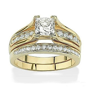 Marimor Jewelry His and Her 14K Gold Plated Stainless Steel 3 Piece Wedding Engagement Ring and Men's Band Set Women's Size 07 Men's Size 06