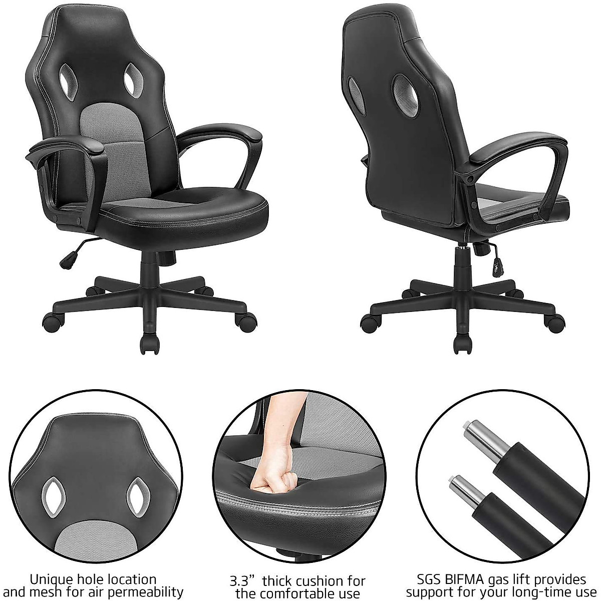 KaiMeng Office Gaming Chair High Back Leather Computer Chairs Ergonomic Height Adjustable Racing Game Desk Chair Executive Conference Task Chair (Grey)