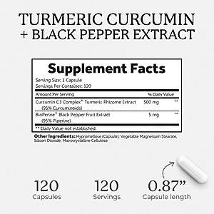 Bliss Serenity Turmeric Curcumin C3 Complex 500 mg, Enhanced with Black Pepper for Better Absorption; Kosher Certified, Non-GMO and Gluten Free - Standardized 95% Curcuminoids - 120 VegCaps