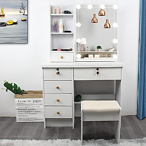 Vanity Set Dressing Table with Lighted Mirror, Modern Storage Makeup Table with 5 Drawers and Stool,White (H1905)