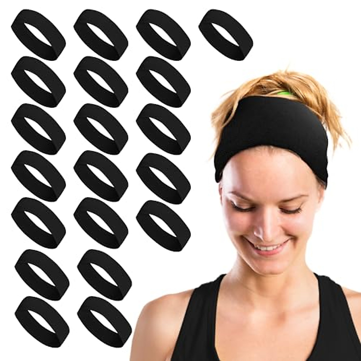 Stretchy Headbands - Yoga Headband - Sports Headbands - 2-Inch Wide Black Headband - 20 Pack Cotton Headbands by CoverYourHair