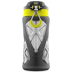 Zulu Torque 16oz Plastic Kids Water Bottle with Silicone Sleeve and Leak-Proof Locking Flip Lid and Carry Loop for School Backpack, Lunchbox, Outdoor Sports, BPA-Free Dishwasher Safe, Grey/ Green