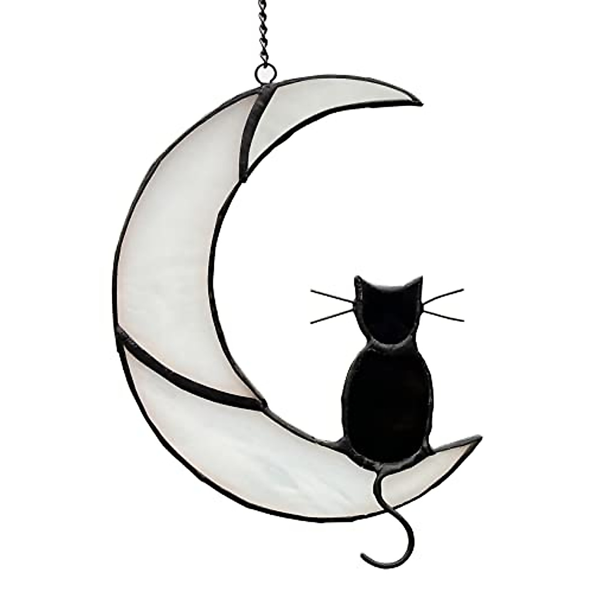 Black Cat Decor On White Moon Stained Glass Window Hanging Suncatcher for Windows Panels Sun Catcher Halloween Ornament Decoration Memorial Gift Cat for Lover Cat Loss