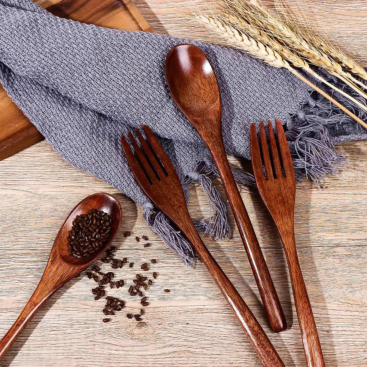 12 Pieces Wooden Spoons Forks Set Kitchen Tableware Reusable Eco-Friendly Natural Wood Dinnerware Utensil Wooden Fork Practical Japanese Wood Cutlery for Cooking Stirring Eating