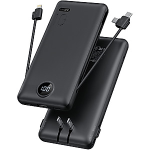 VRURC Portable Charger Built-in Cables and AC Wall Plug, USB C Power Bank 10000mAh, [2023 Upgraded Version] Phone Charger Compact Lightweight External Battery Pack for Smart Phones, Tablets etc-Black