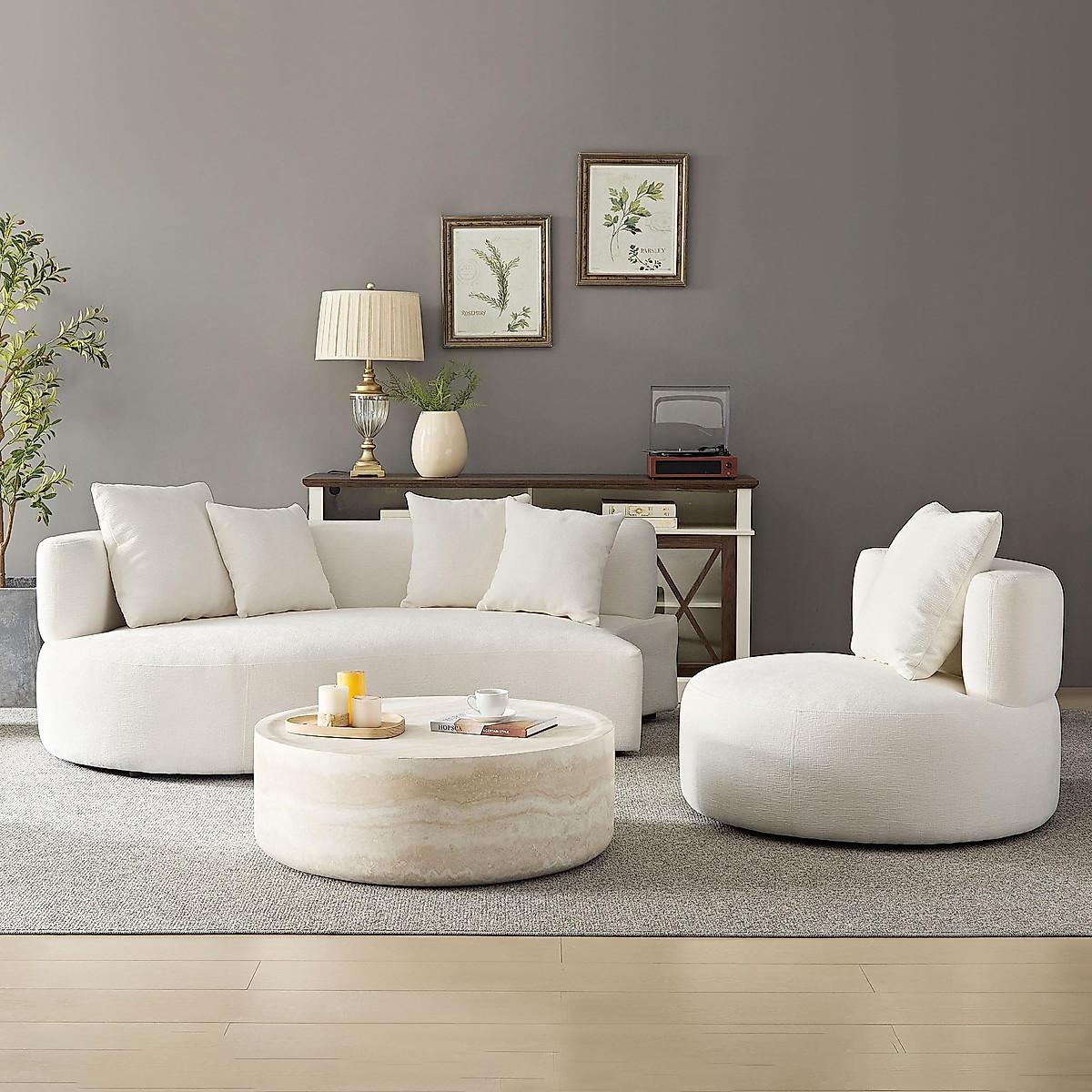 WILLIAMSPACE 110.24" Modern Curved Sofa Couch with 360° Swivel Chair, Luxury Upholstery Cloud Curved Sofa 4 Seat Cream Curved Couch with 5 Throw Pillows for Living Room Apartment, Right-Facing (Beige)