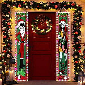 Jack Skellington Sally Christmas Porch Signs with 2 Light Strings Welcome Door Sign for Home Outdoor Indoor Holiday Party Decor