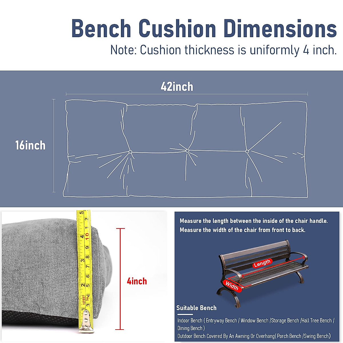 ROFIELTY Bench Cushion 42 inch, Non Slip Thicker Patio Furniture Cushions, Durable Outdoor/Indoor Bench Seat Pads (42x16x4 inch, [ Indoor ] Silver Gray)