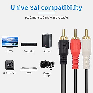 Poyiccot RCA Splitter Male to Male Cable, RCA Y Splitter 1 RCA Male to 2 RCA Male Stereo Audio Subwoofer Cable, 2RCA to 1RCA Bi-Directional RCA Y Adapter Cable - 25cm/10inch