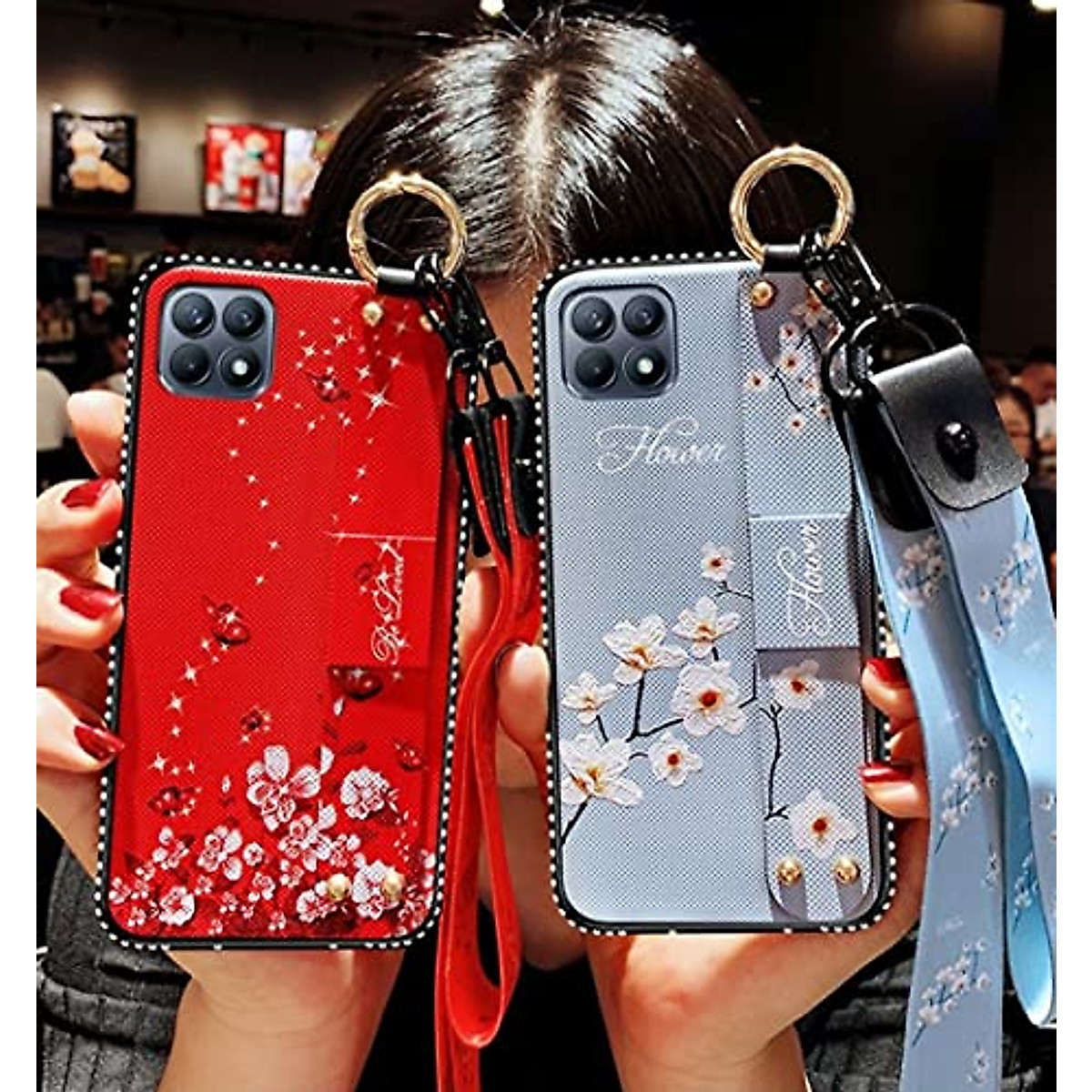 for iPhone 13 Pro Max Case Girl Woman Design,Luxury Glitter Cute Flower Slim TPU Bumper Cover with Loopy Ring,Foldable Wrist Strap Stand Phone Case with Neck Lanyard for iPhone 13 Pro Max 6.7'' Red