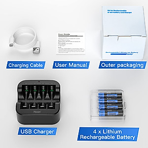 1.5V Rechargeable Lithium AAA Batteries-Full Recharged 4-Pack with Ultra Fast Charger,1100mWh High-Capacity Long-Lasting Triple AAA Li-ion Battery,Up to 1600 Cycles,Constant Output(4AAA+1Charger)