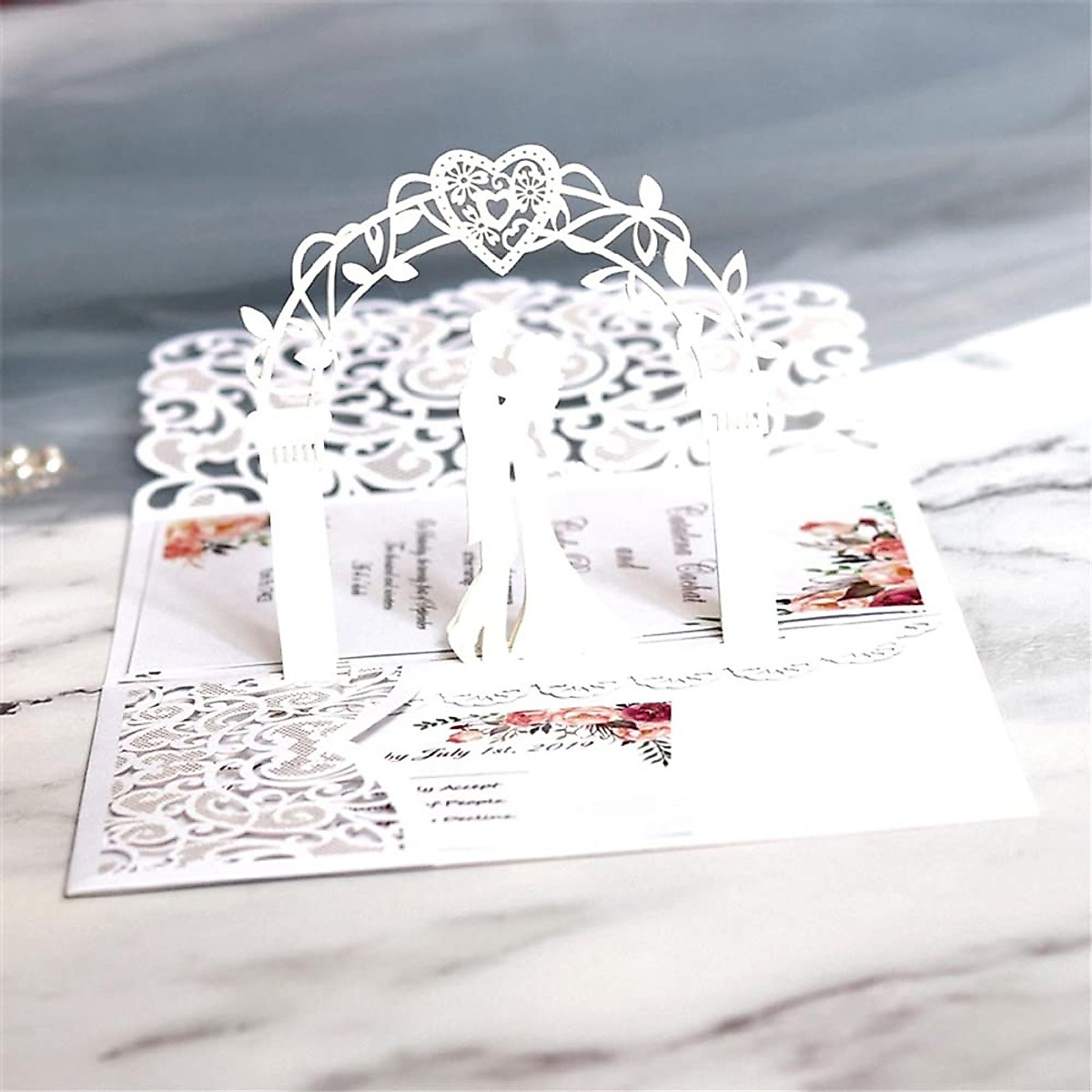 NC 10sets 3D Pop Up Bride And Groom White Wedding Invitation Card Laser Cut Pocket Floral Engagement Invitations with Envelope & Inner Paper (White), 18x12.5CM